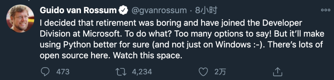 刚刚，Python之父Guido Van Rossum宣布加入微软