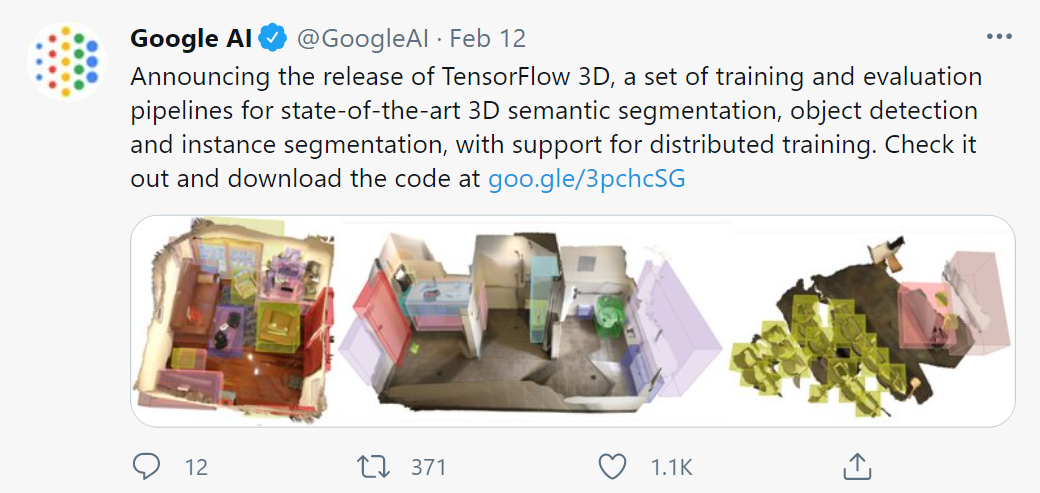 继Facebook开源PyTorch3D后，谷歌开源TensorFlow 3D场景理解库